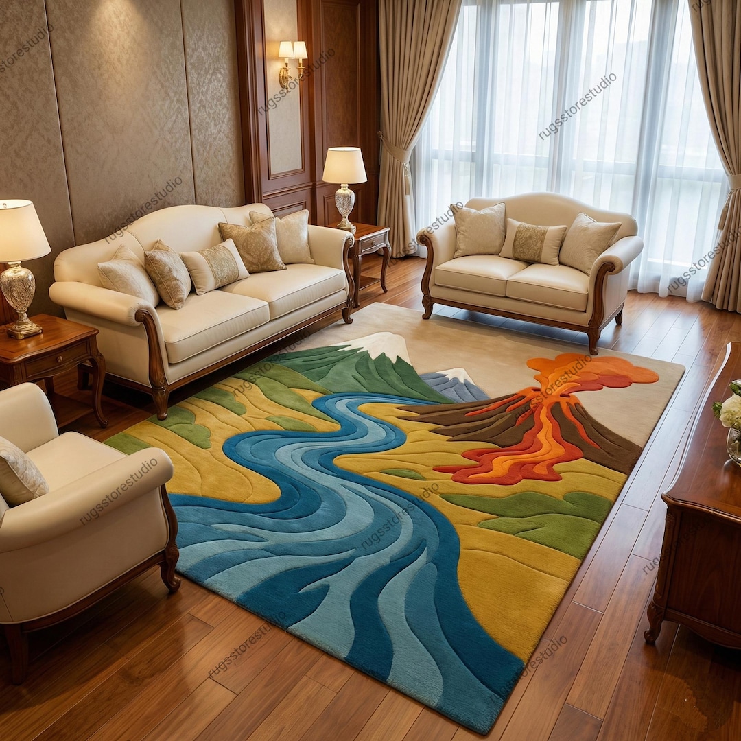Handmade Tufted Mountain River Rug, Nature Landscape Area Rug, Colorful ...