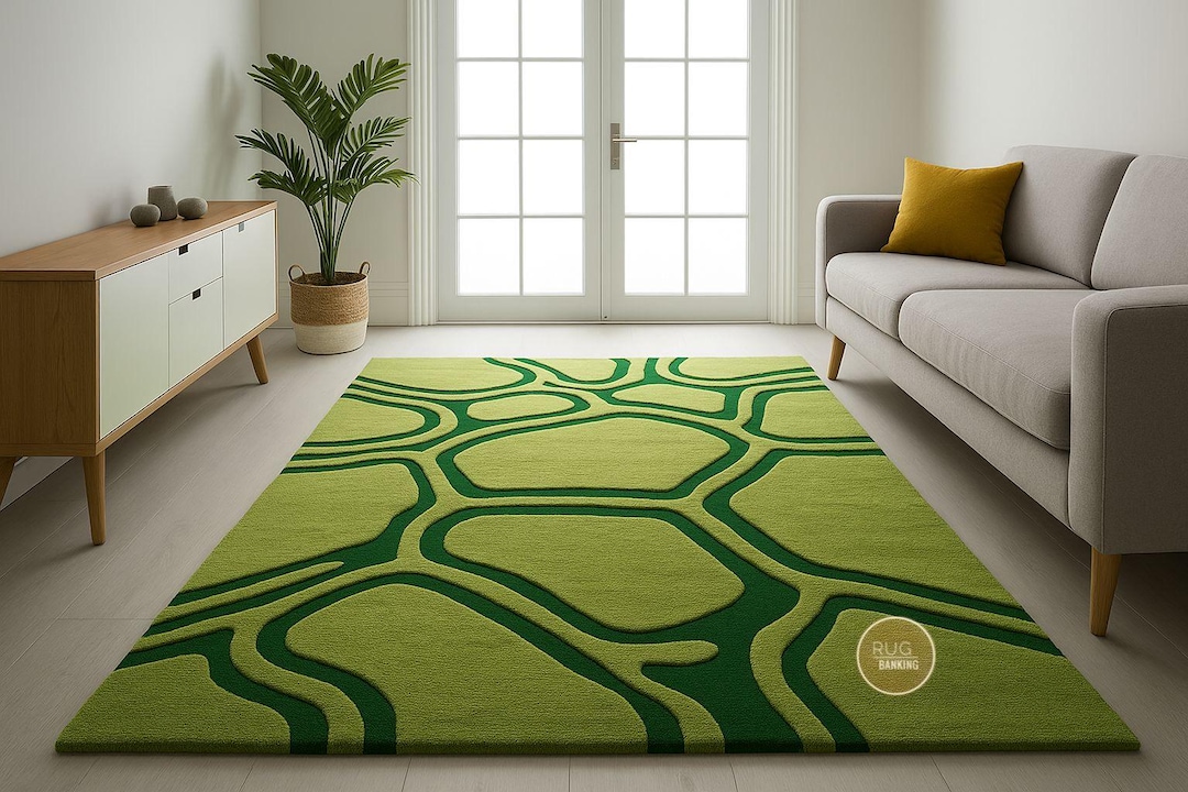 Green Abstract Area Rug • Modern Organic Pattern Carpet • Living Room ...