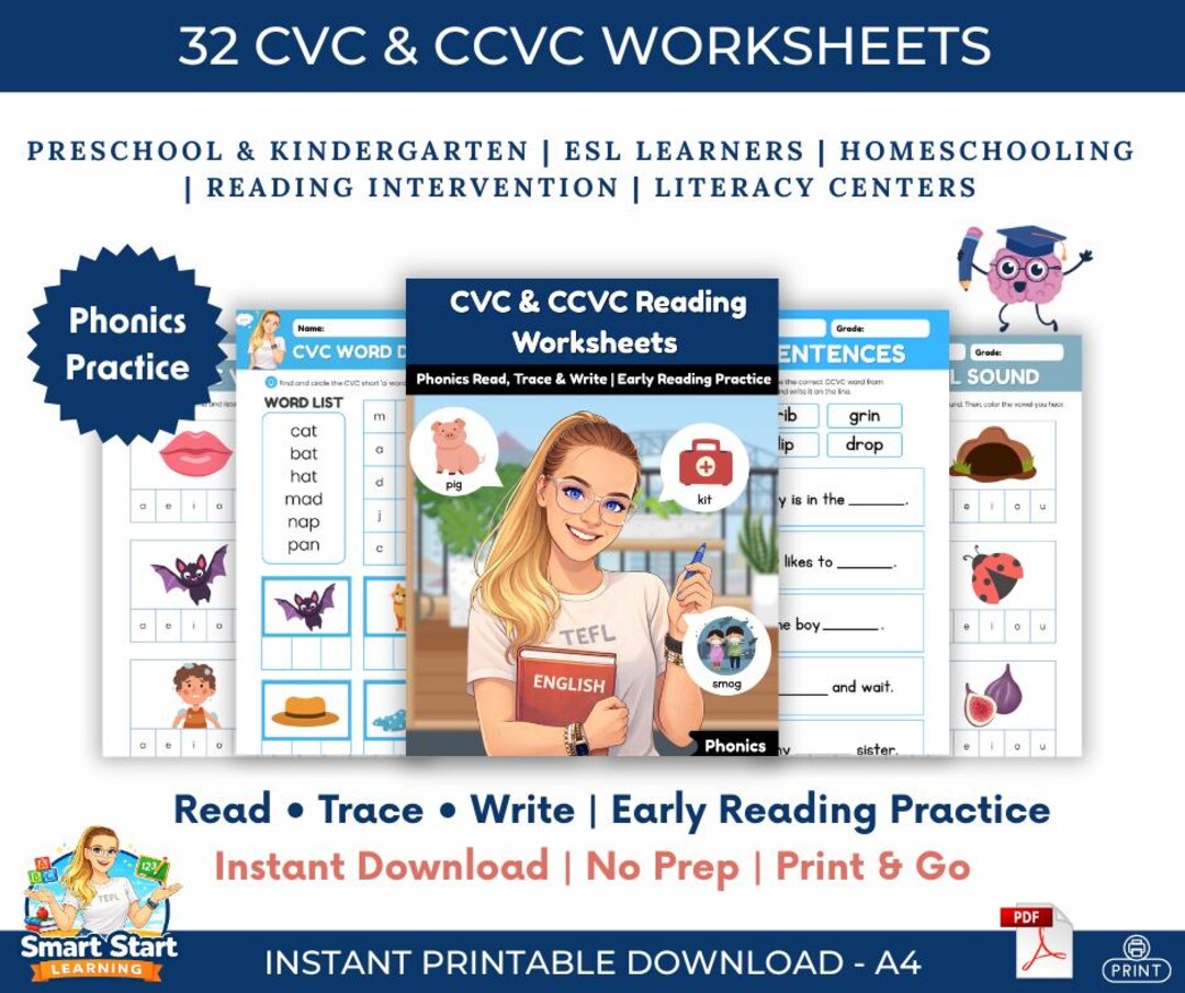 CVC and CCVC Reading Worksheets | Phonics Read, Trace & Write | Early ...