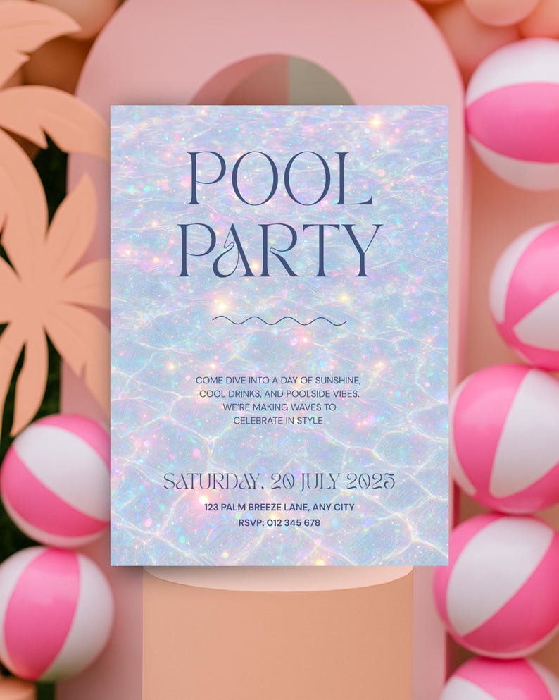 Glitter Pool Party Invitation | Sparkle Water, Summer Birthday (canva ...