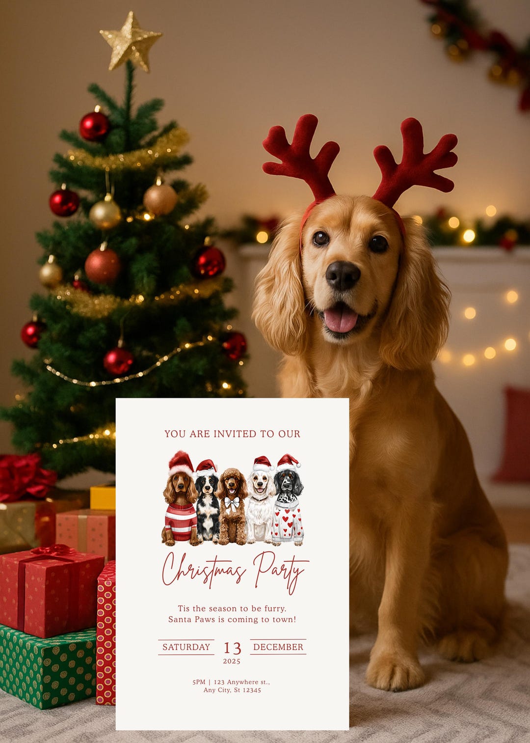 Cocker Spaniel Christmas Party Invitation: Editable Dog Holiday Card ...