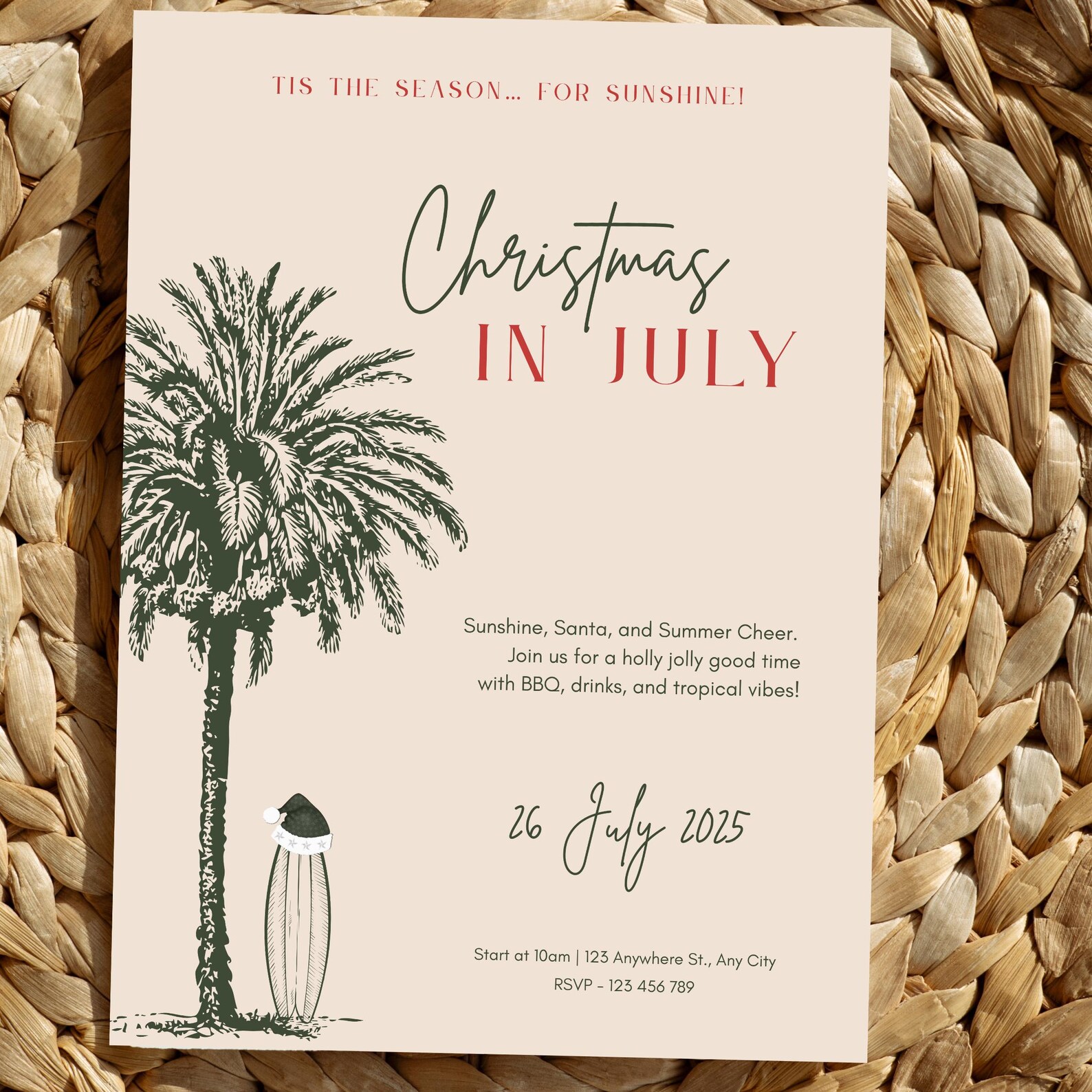 Tropical Christmas in July Invitation: Beach Holiday Party, Editable ...