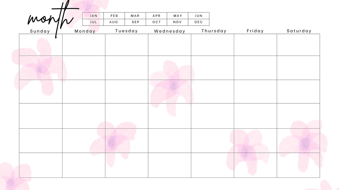 Blank Printable Monthly Calendar. Pink Watermark. Options for Sunday or ...