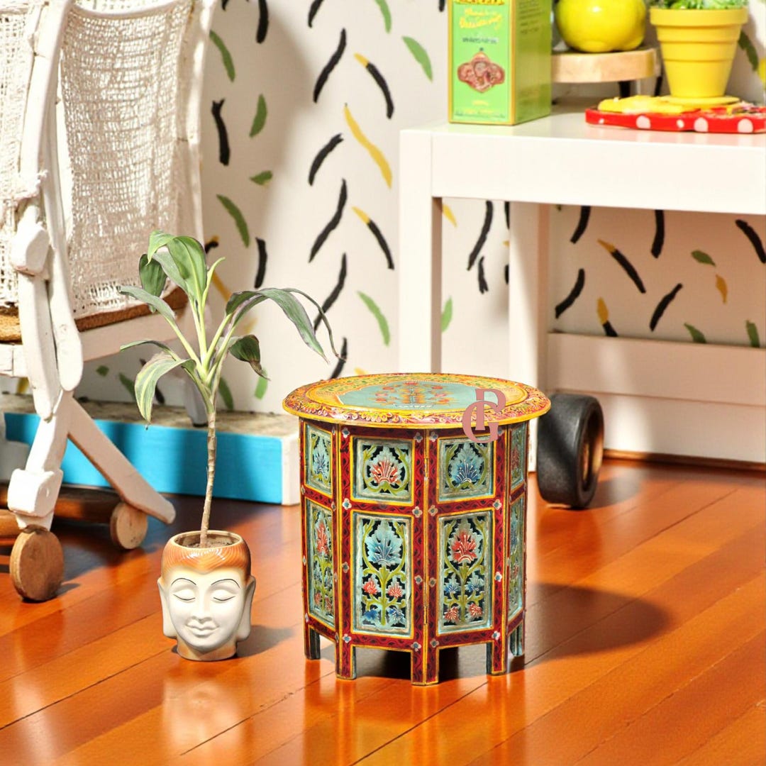 Hand Painted Round Wooden Side Table | Indian Floral Accent Table ...