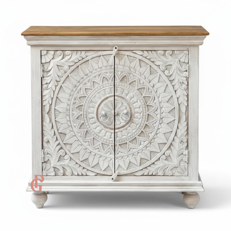 Handcrafted Wooden Cabinet | Whitewashed Boho Storage Sideboard | Solid ...