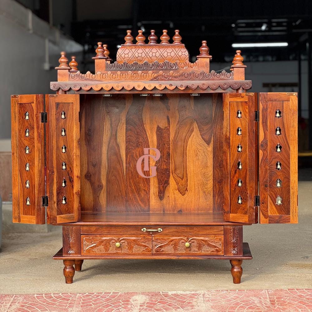 Sheesham Wood Pooja Mandir: Solid Wood Home Temple With LED & Brass ...