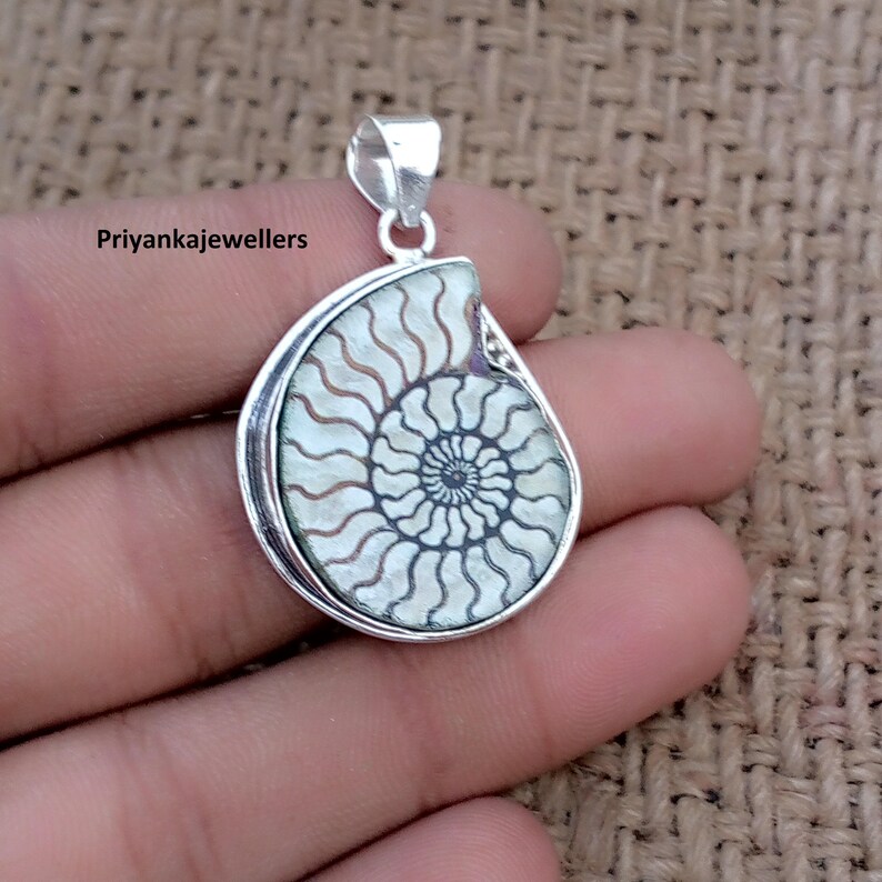White Ammonite Gemstone Pendant, Luxury Pendant, 925 Sterling Silver ...