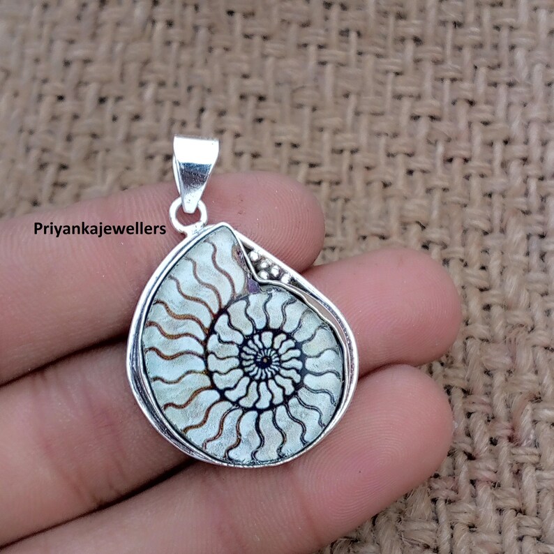 White Ammonite Gemstone Pendant, Luxury Pendant, 925 Sterling Silver ...