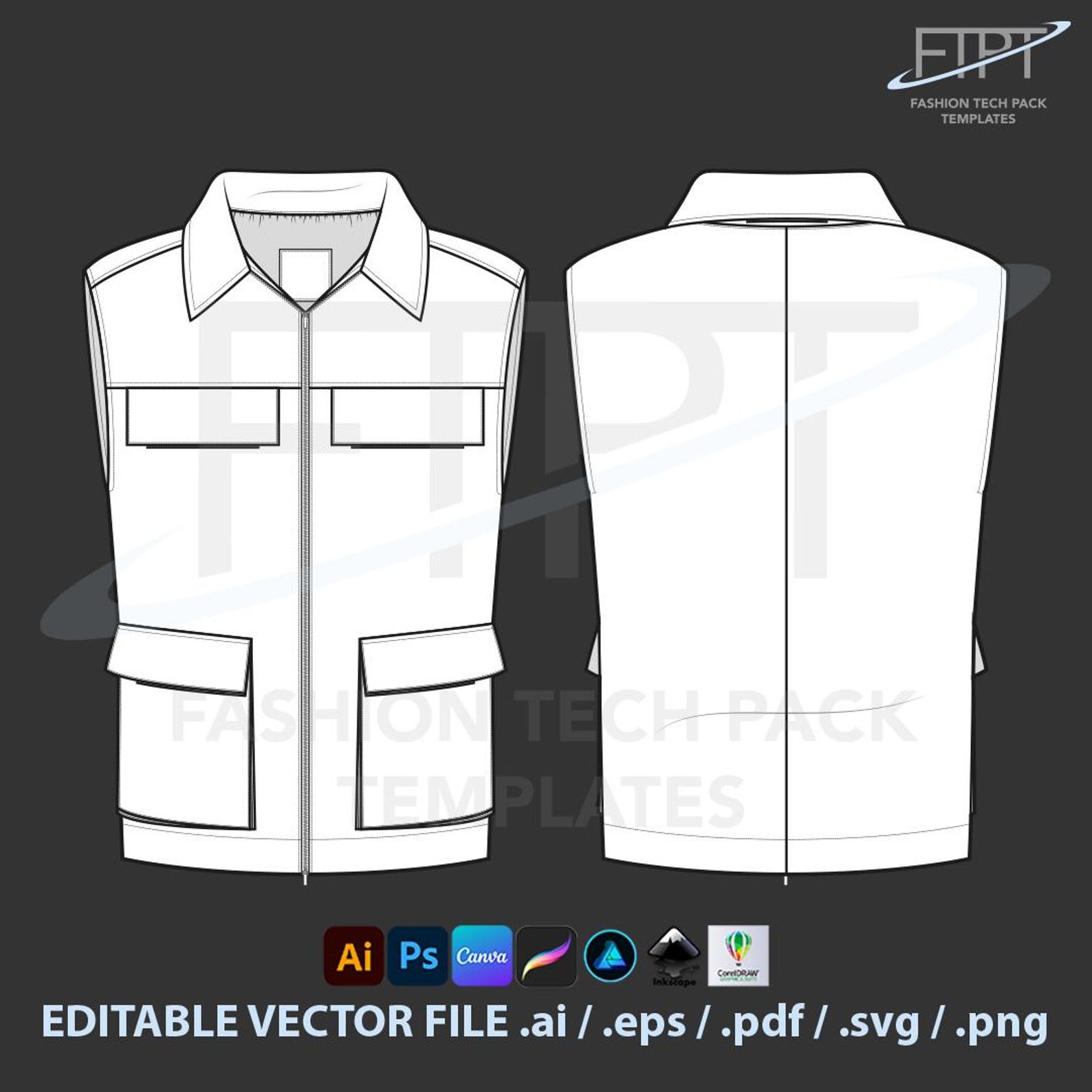 Utility Vest Mockup Tech Pack Template CAD Quilted Jacket Flat Sketch ...