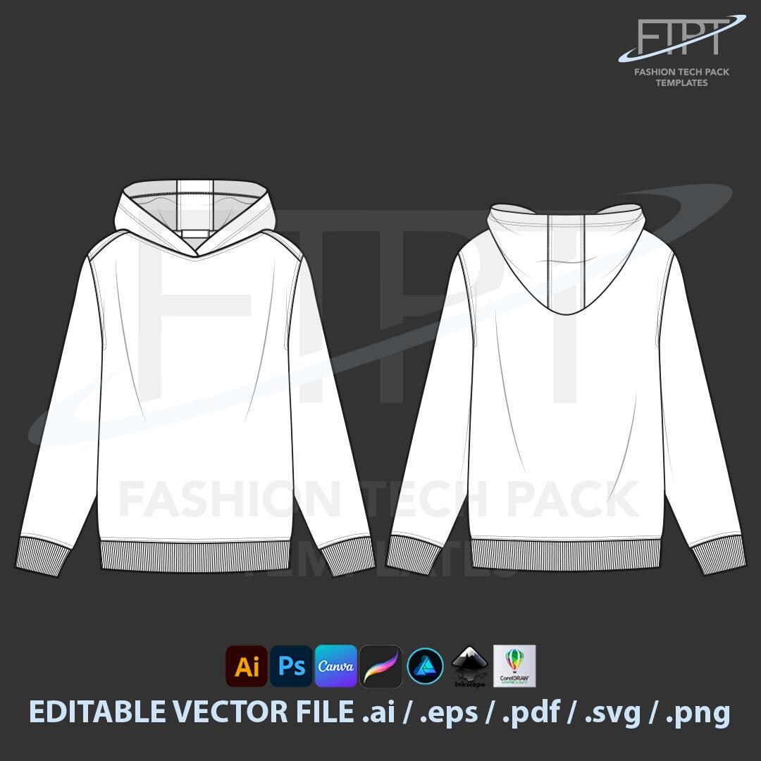 Streetwear Hoodie Mockup CAD Tech Pack Template Flat Sketch Clothing ...