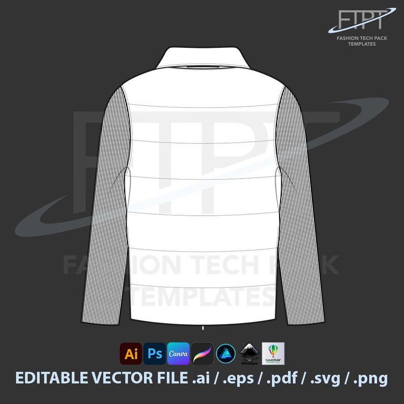 Quilted Vest Mockup Tech Pack Template Jacket CAD Technical Drawing (ai ...