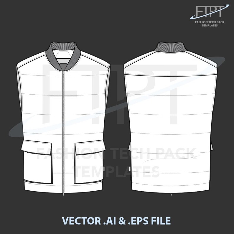 Streetwear Utility Vest CAD Tech Pack Template - Technical Flat Sketch ...