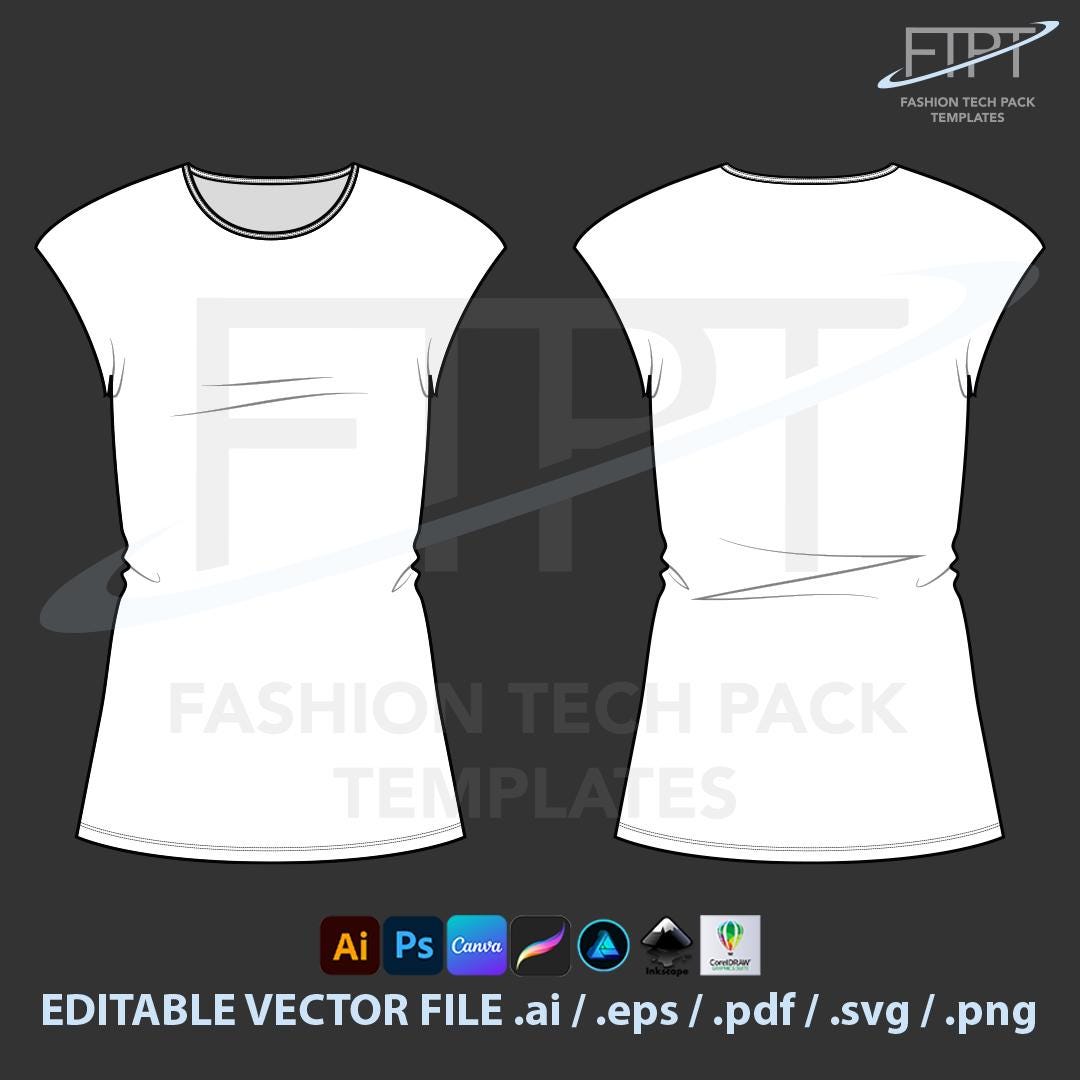 Kimono Sleeve Womens Tee Mockup Technical Drawing Vector CAD Tech Pack ...