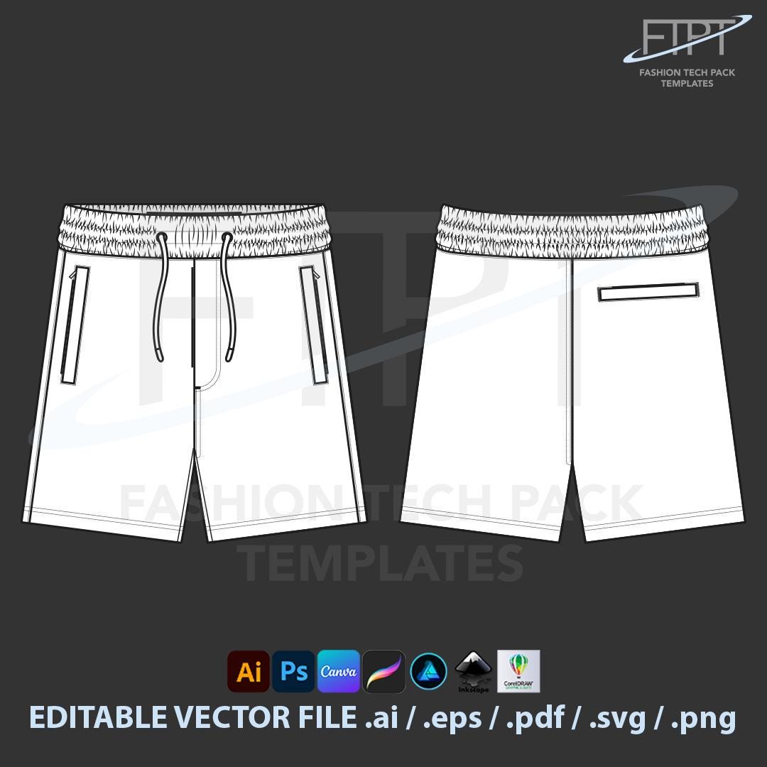 Sweat Shorts Mockup Technical Drawing Vector CAD Tech Pack Template ...