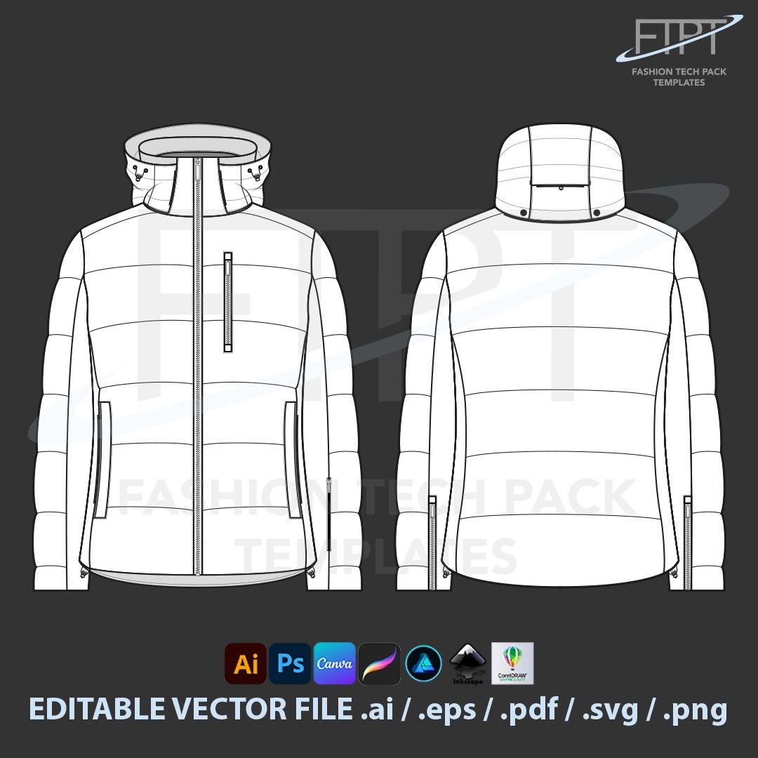 Puffer Jacket Mockup Vector CAD Template Technical Drawing (ai, Eps ...