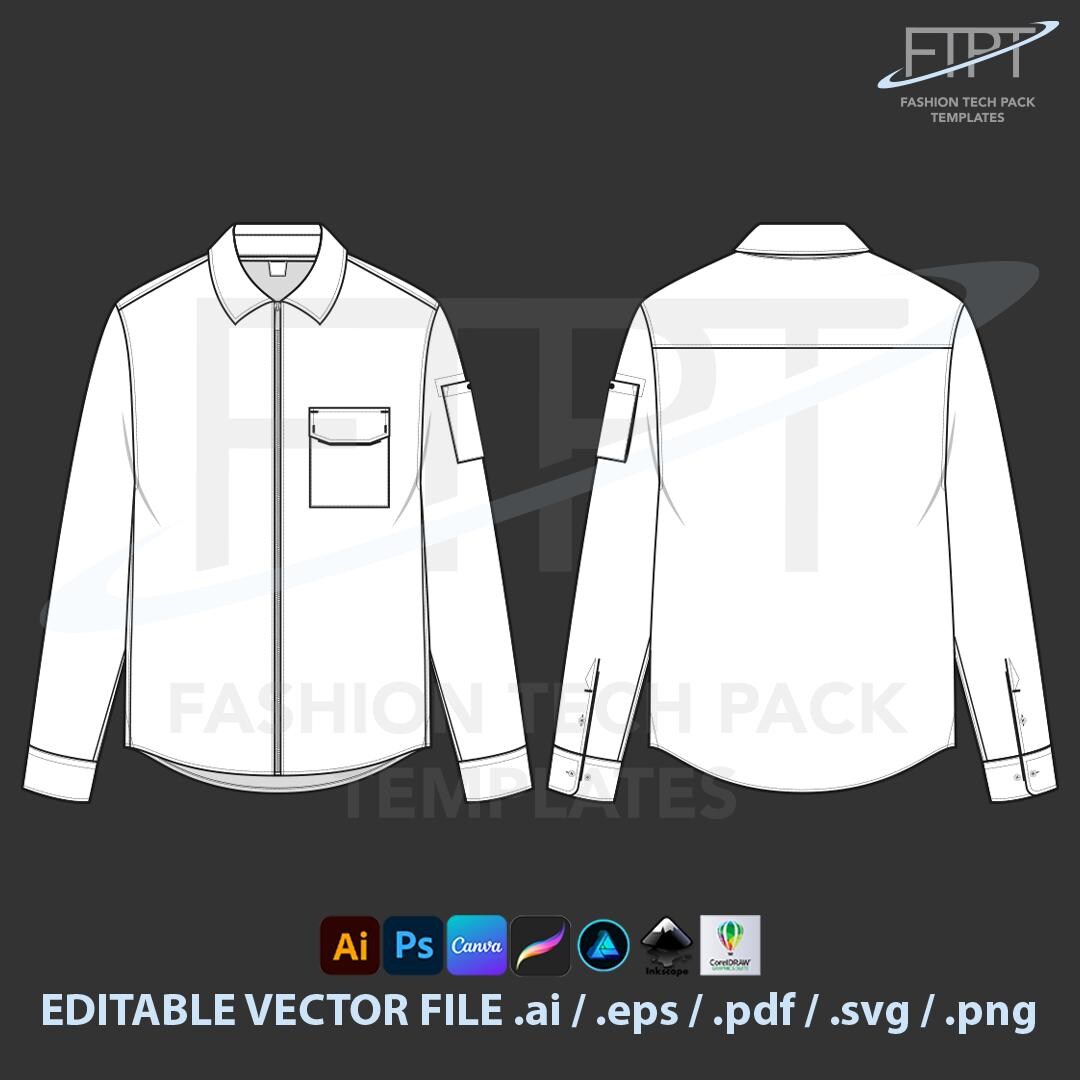 Zip Overshirt Mockup Vector CAD Tech Pack Template Technical Drawing ...