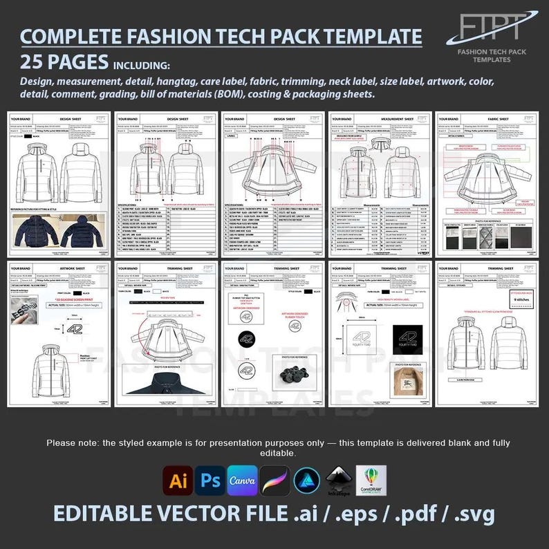 Editable Fashion Tech Pack Template, Clothing Design Spec Sheet (ai ...