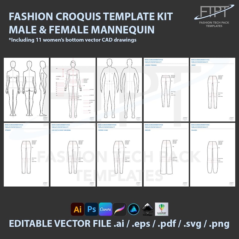 Fashion CAD Bundle Tech Pack Templates Editable Vector Mockup Pack Flat ...