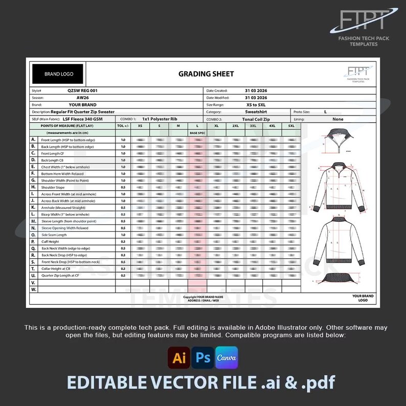 Quarter Zip Sweater Tech Pack Production Ready, Full Size Chart (XS-5XL ...