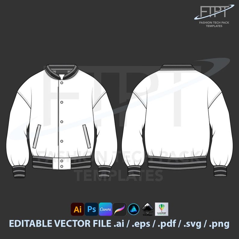 Bomber Jacket Mockup Tech Pack Vector CAD Template Varsity Baseball ...
