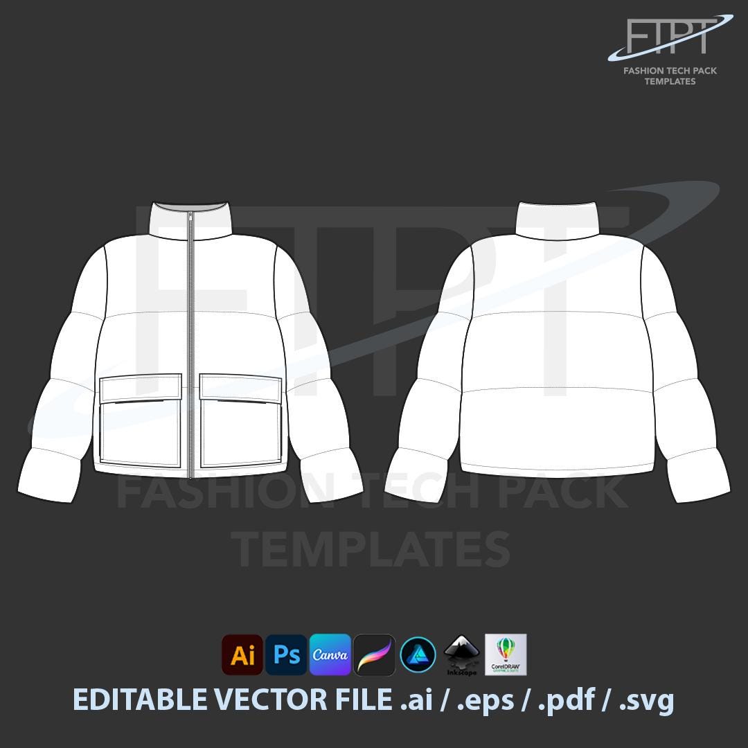 Women’s Boxy Puffer Jacket Mockup Technical Drawing Vector CAD Tech ...
