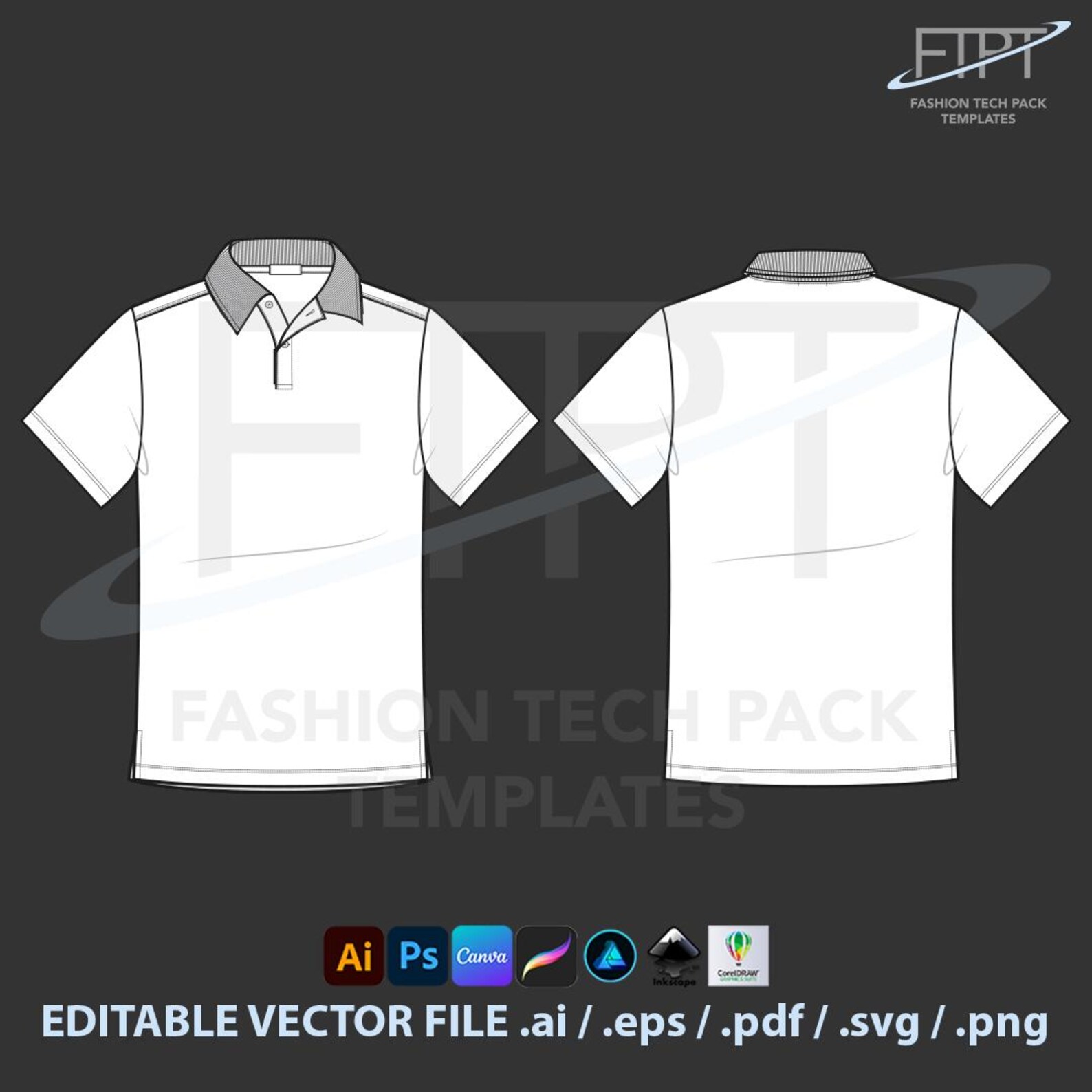 Polo Shirt Tech Pack Template: Vector CAD Mockup (ai, Eps, Pdf, Svg ...