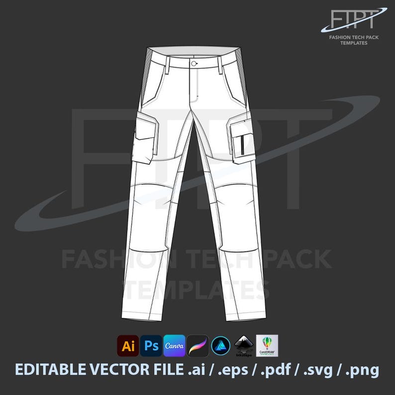 Workwear Cargo Pants Tech Pack Template: Utility Trousers CAD Technical ...