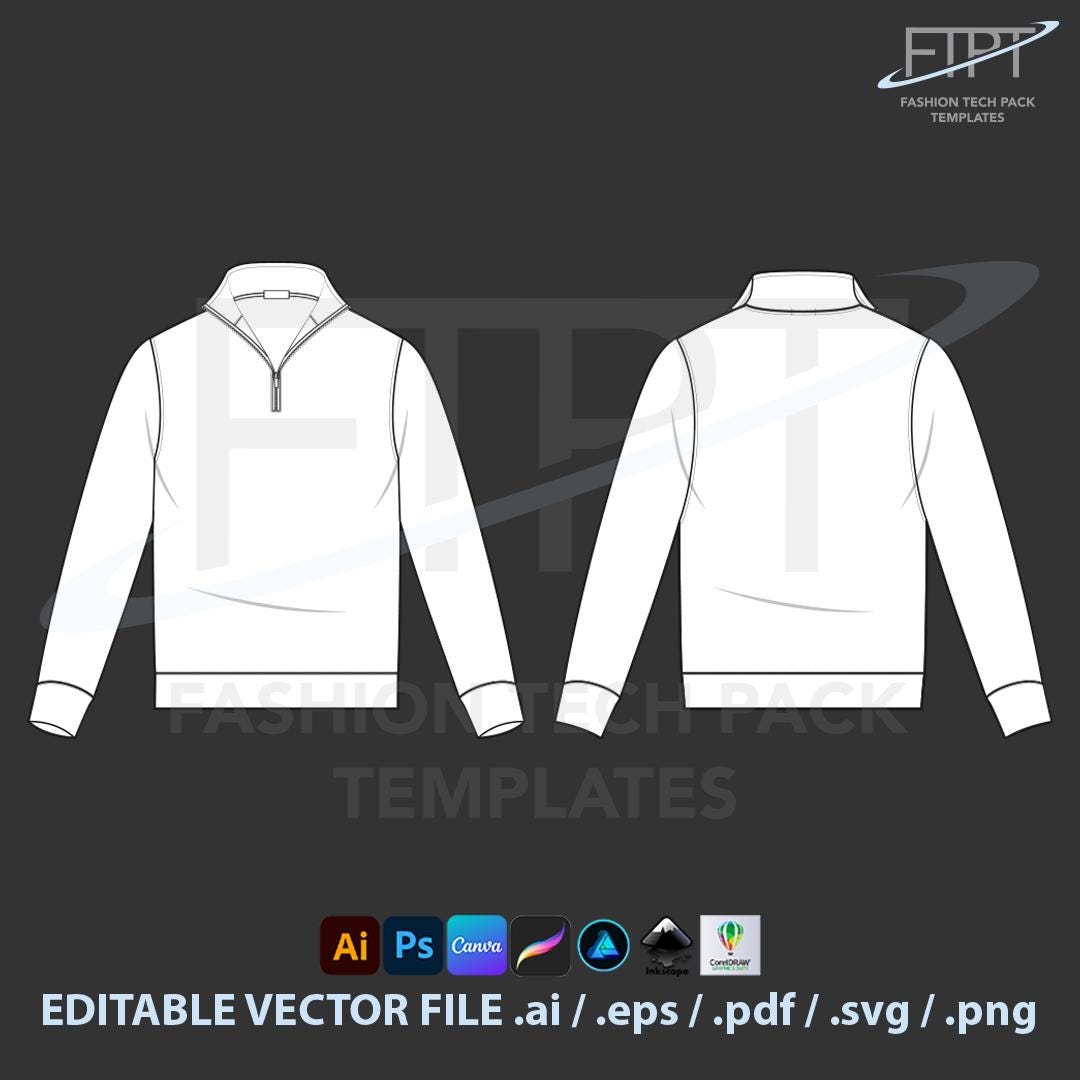 Unisex Quarter Zip Sweater Mockup Technical Drawing Vector CAD Tech ...