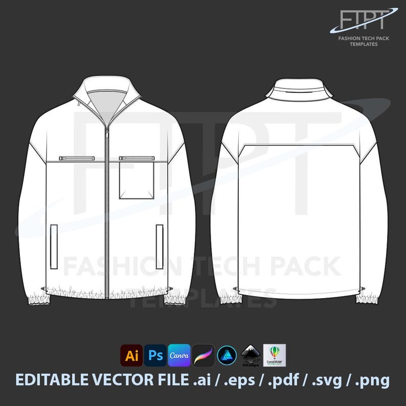 Track Jacket Mockup Vector CAD Template Tech Pack Technical Drawing (ai ...