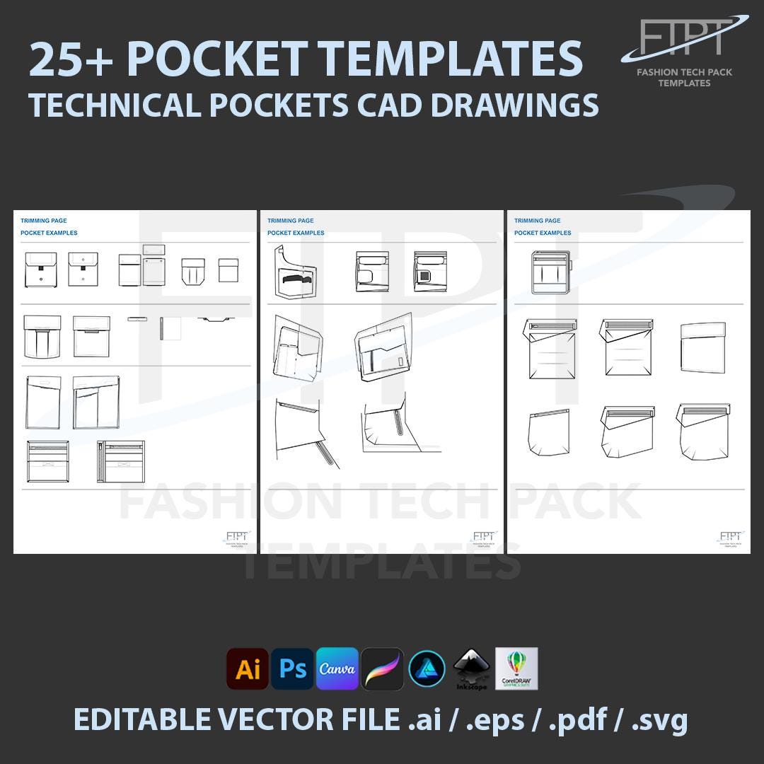 Pocket Templates Mockup Technical Drawing Vector CAD Tech Pack Template ...