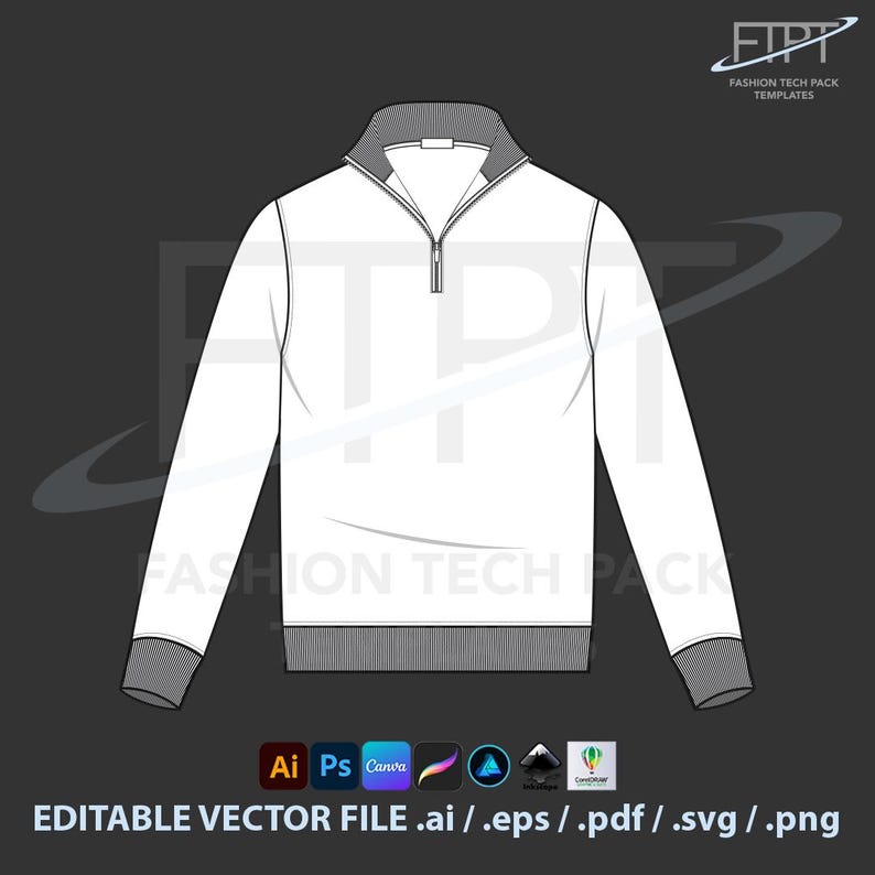 Quarter Zip Sweatshirt Mockup Tech Pack Template Vector Technical ...