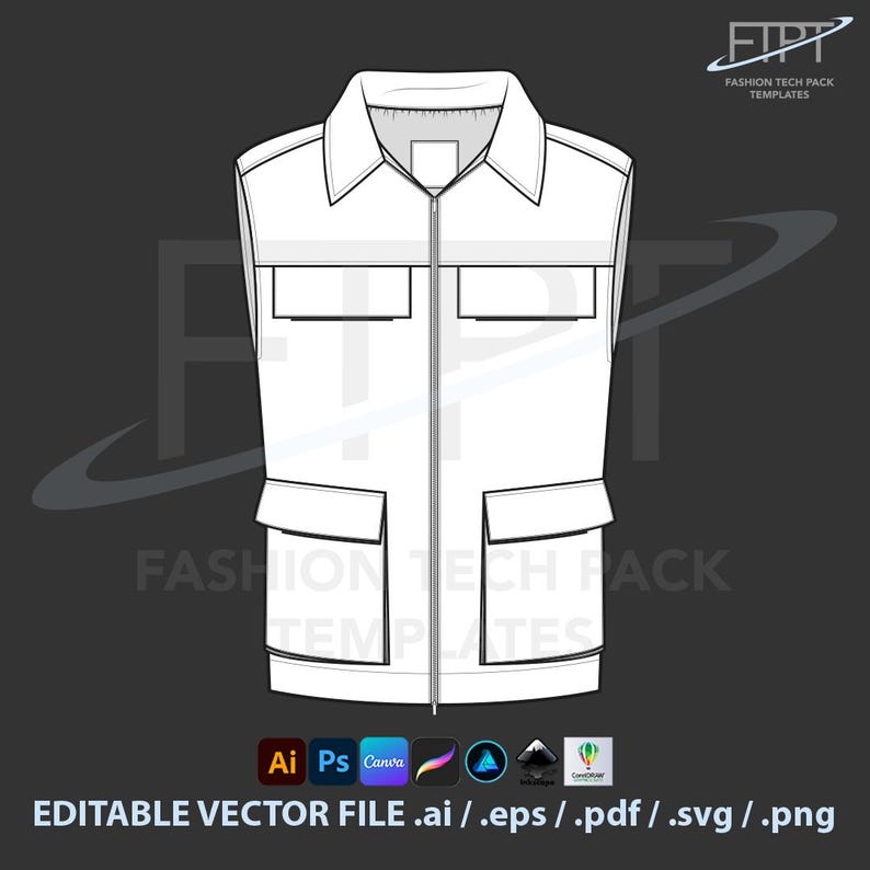 Utility Vest Mockup Tech Pack Template CAD Quilted Jacket Flat Sketch ...