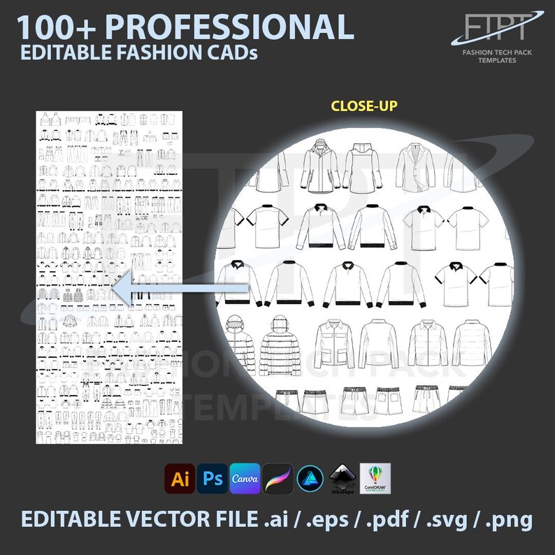 Fashion CAD Bundle Tech Pack Templates Editable Vector Mockup Pack Flat ...