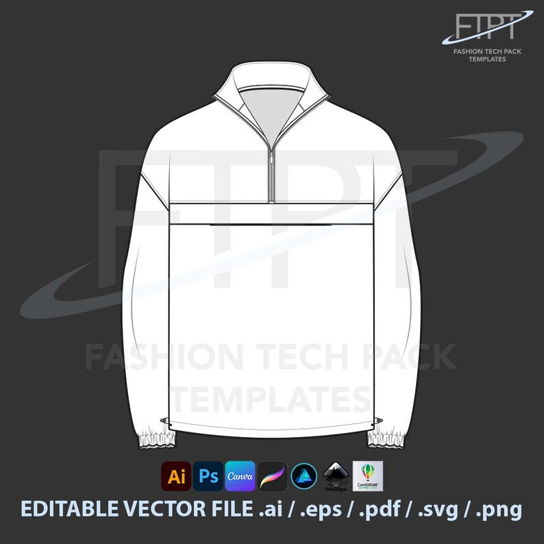 Quarter Zip Anorak CAD Template, Fashion Tech Pack (digital Download ...