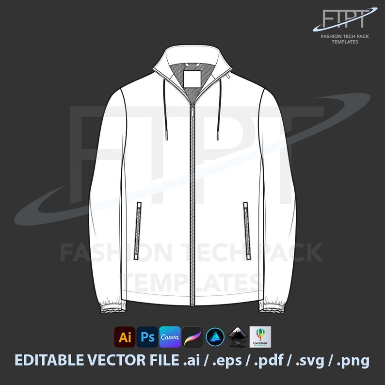 Windbreaker Sport Jacket Mockup Technical Drawing Vector CAD Tech Pack ...