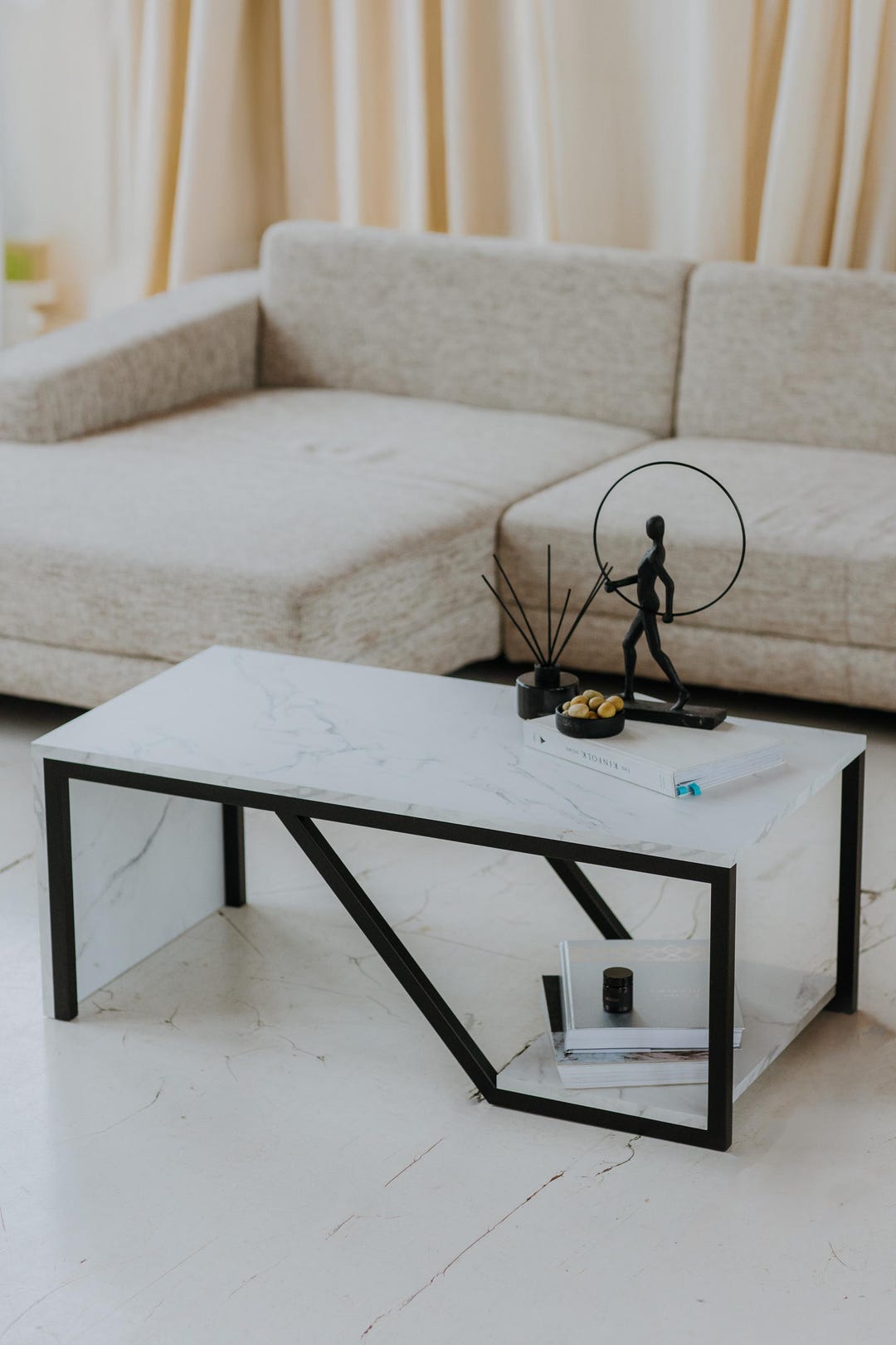 Handmade Solid Wood Table – Marble Pattern Top – Metal Legs ...