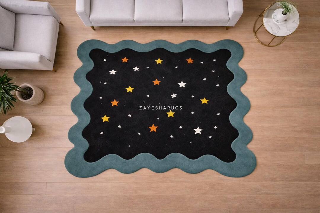 Handmade Tufted Star Rug, Kids Room Decor, Teal Cloud Border. - Etsy