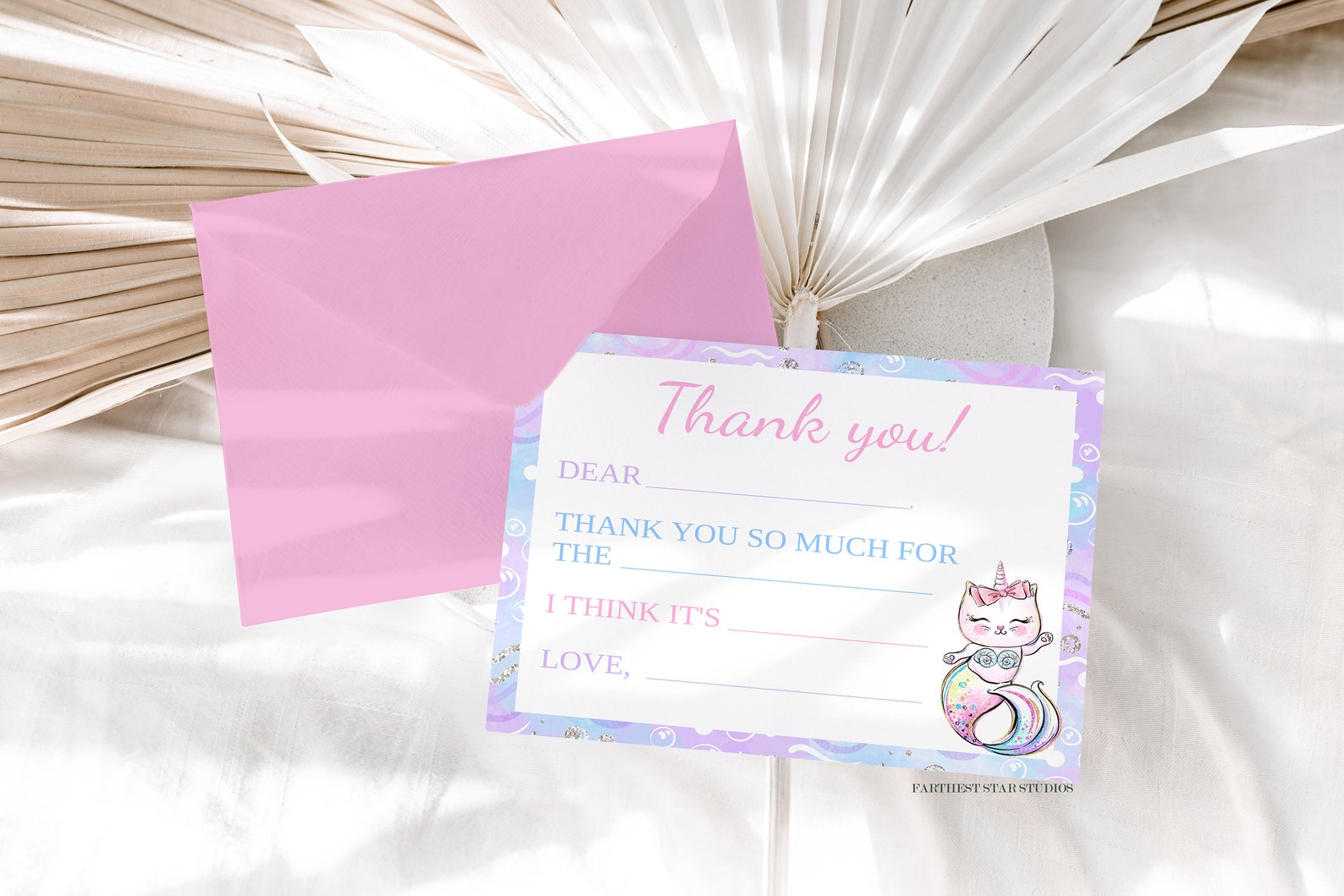 Rainbow Mermaid Cat Printable Thank You Card, Mermaid Cat Birthday, Cat ...