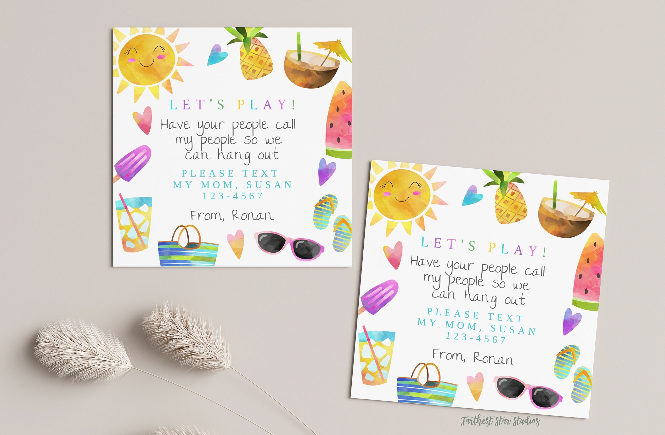 Summer Playdate Cards, Summer Play Date Card, Printable End of School ...