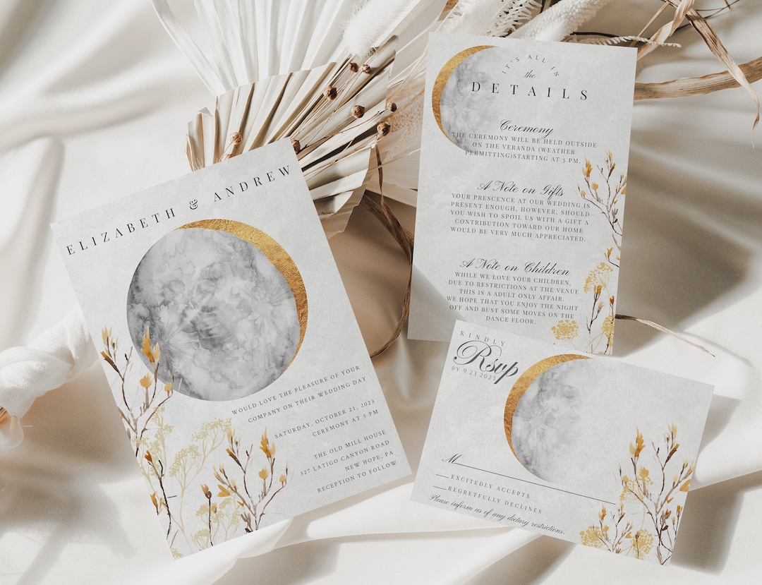 Rustic Golden Moon Printable Wedding Invitations, Celestial Wedding ...