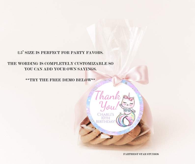 Rainbow Mermaid Cat Printable Favor Tags, Mermaid Cat Birthday, Cat ...