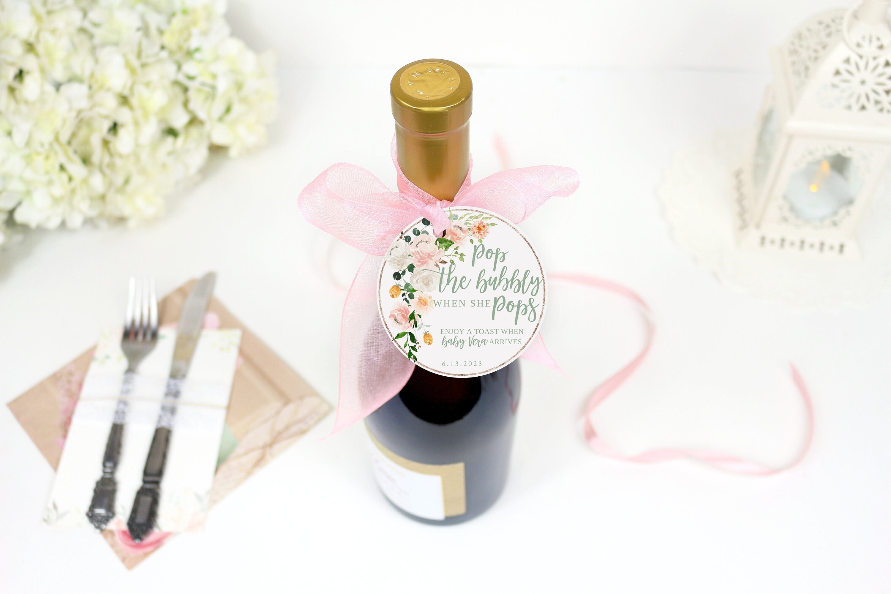 Blush and Sage Floral Swag Pop the Bubbly Printable Thank - Etsy