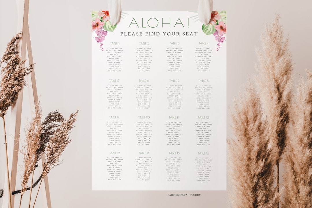 Tropical Luau Seating Chart, Tropical Wedding Seating Chart, Ohana ...