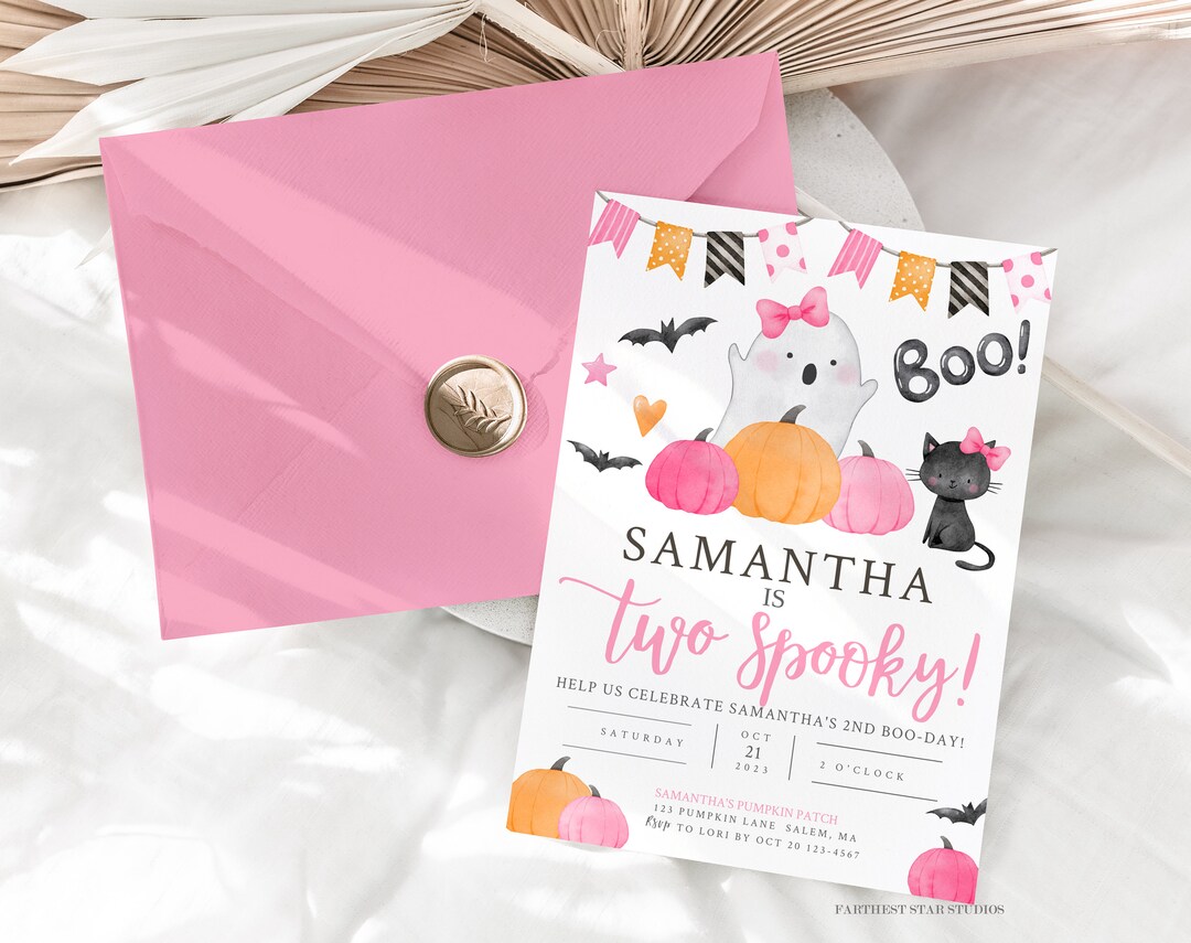 Two Spooky Birthday Girl, Pink and Orange Halloween Birthday Invitation ...