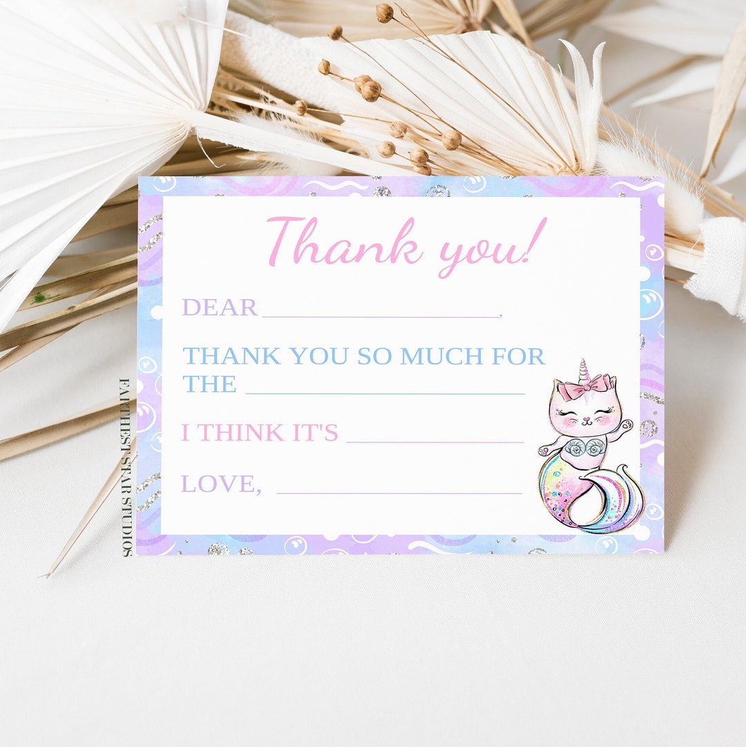 Rainbow Mermaid Cat Printable Thank You Card, Mermaid Cat Birthday, Cat ...