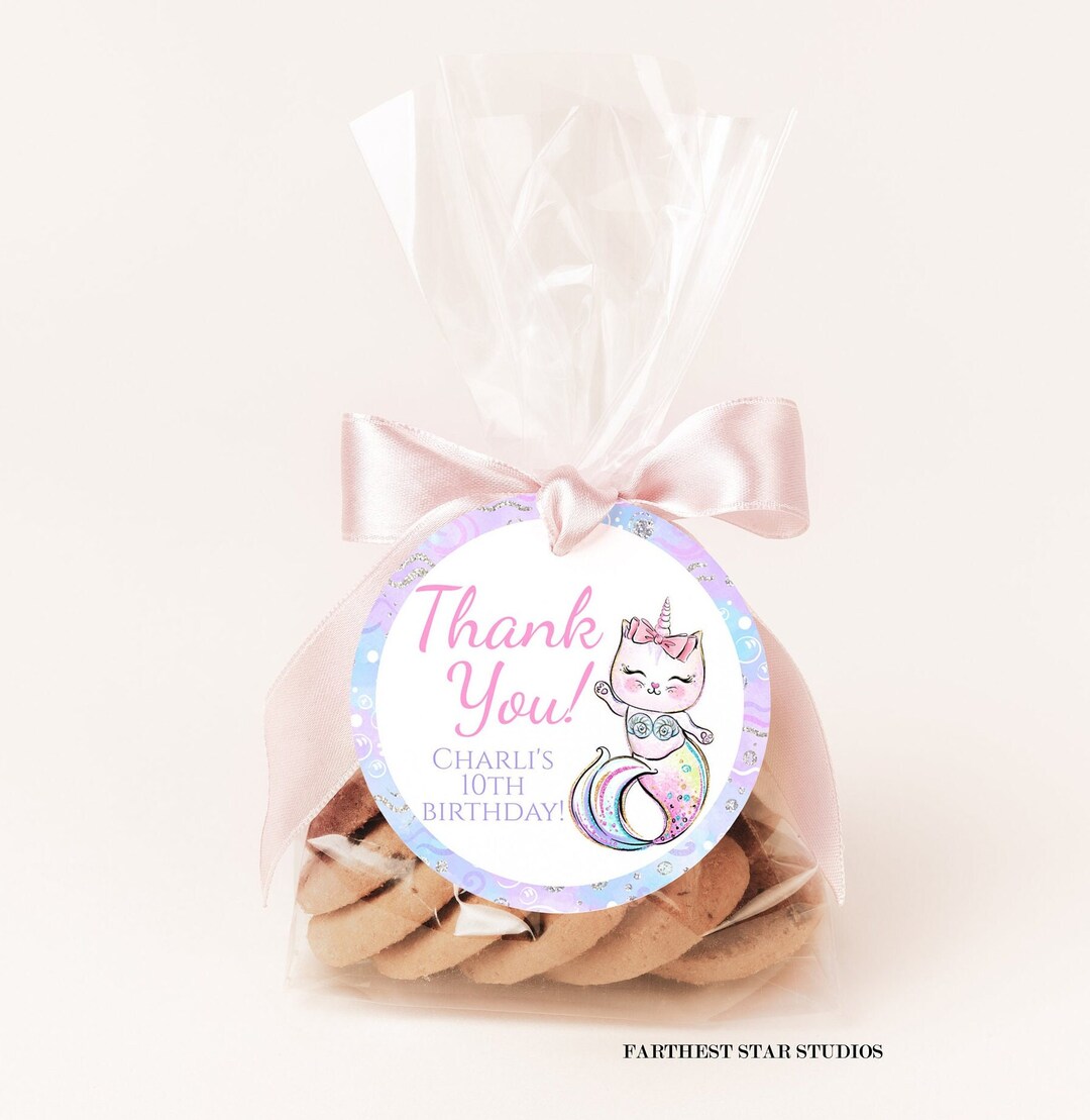 Rainbow Mermaid Cat Printable Favor Tags, Mermaid Cat Birthday, Cat ...