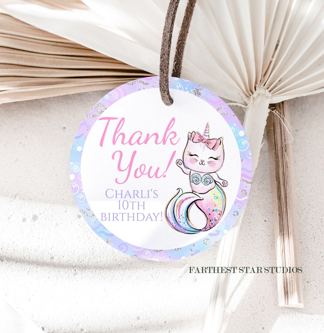 Rainbow Mermaid Cat Printable Favor Tags, Mermaid Cat Birthday, Cat ...