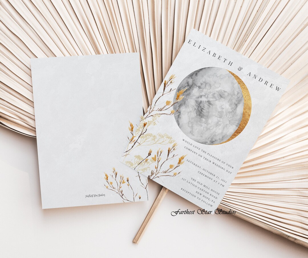 Rustic Golden Moon Printable Wedding Invitations, Celestial Wedding ...