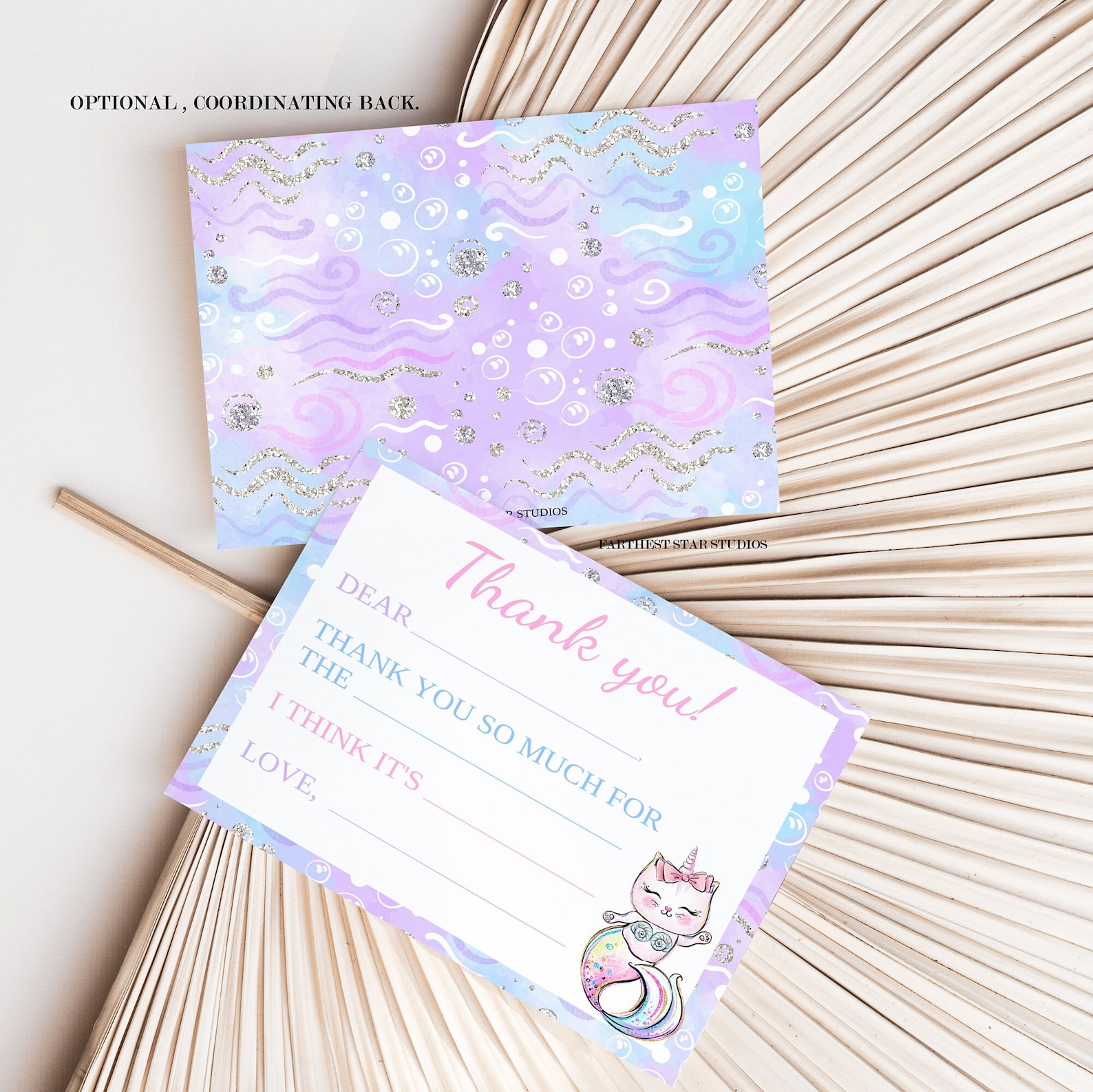 Rainbow Mermaid Cat Printable Thank You Card, Mermaid Cat Birthday, Cat ...