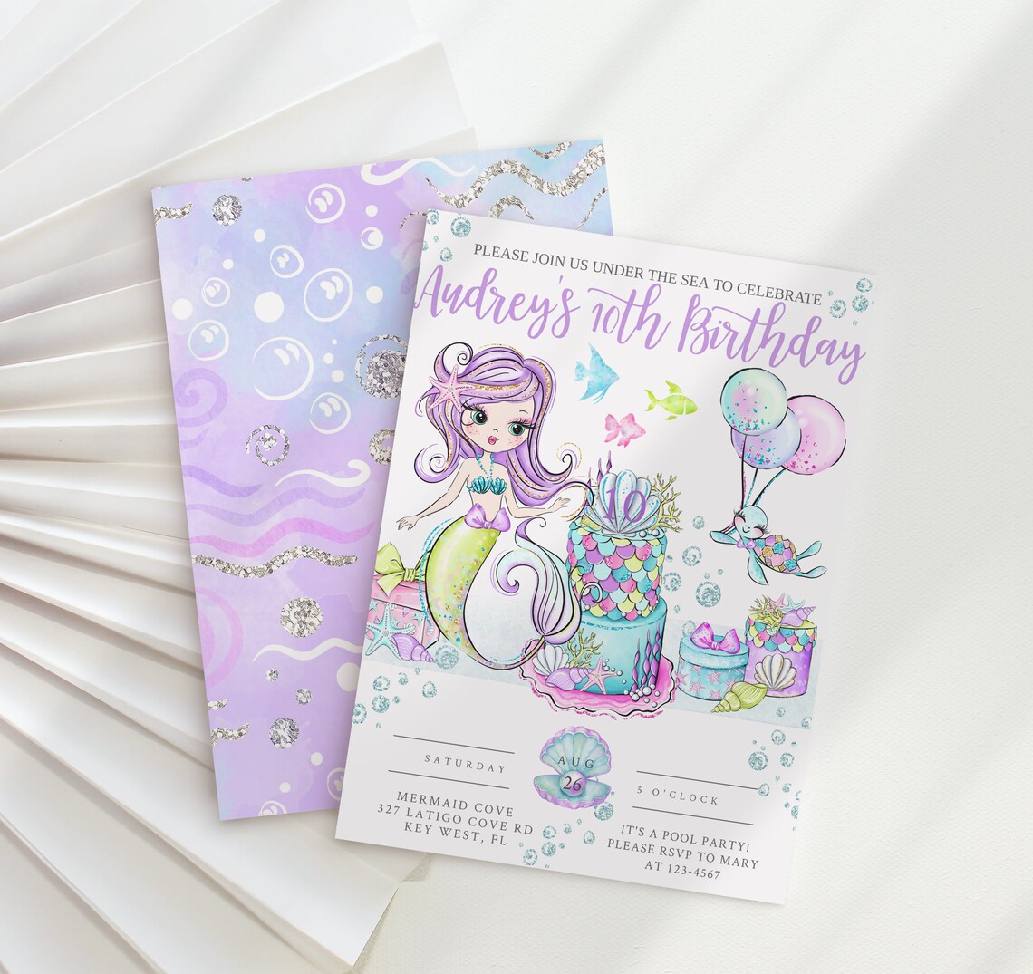 Printable Glam Purple Mermaid Invitation Mermaid Birthday Invitation ...